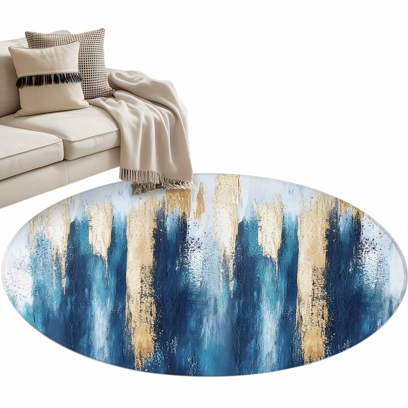 Abstract Paint Texture Round Area Rug 4ft Blue Gold Art Deco Non-Slip ...