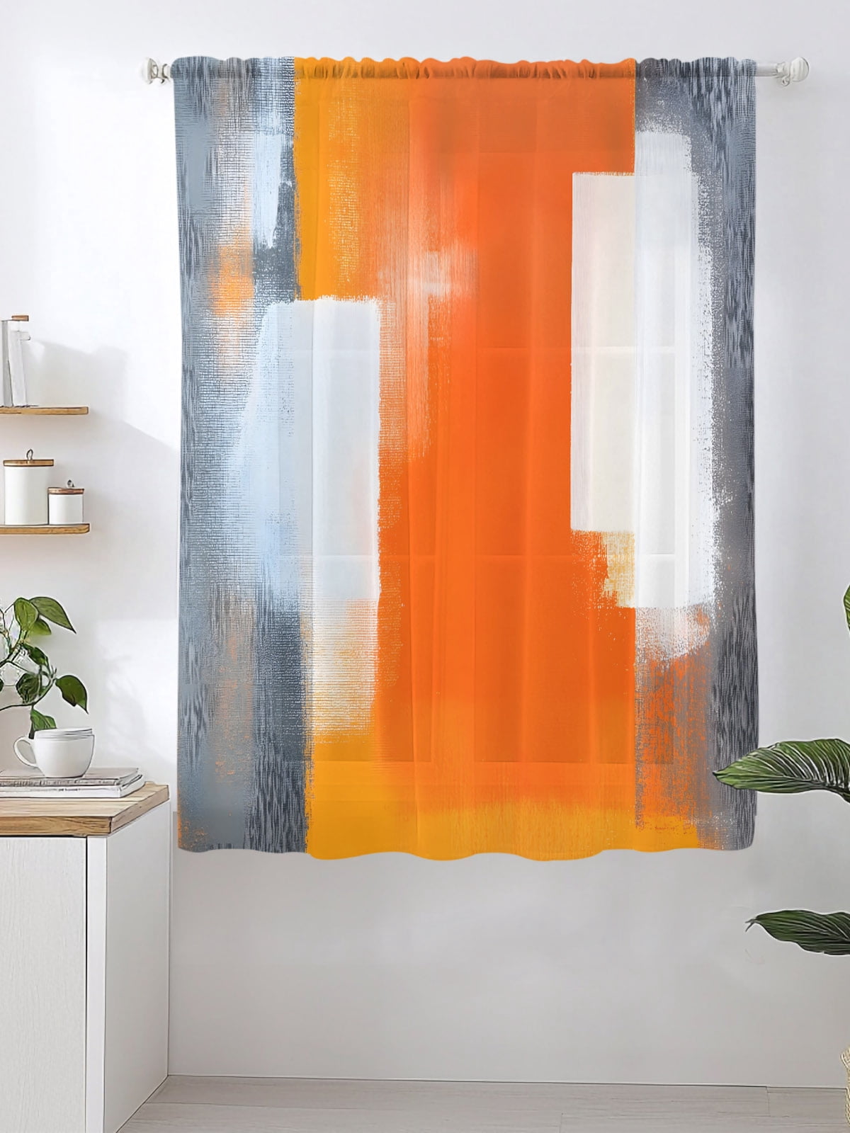 Abstract Paint Texture Sheer Curtains 63 Inch Long 1 Panel Retro Orange ...