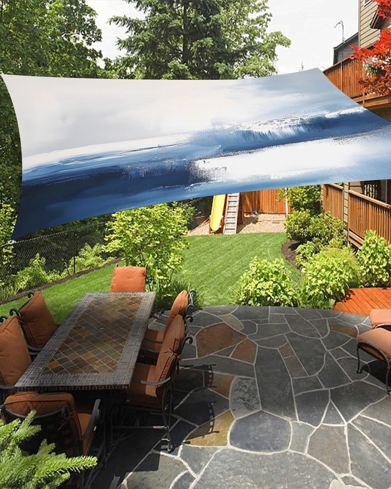 Abstract Paint Texture Sun Shade Sail 14'X18' White Blue Gray Stitching ...