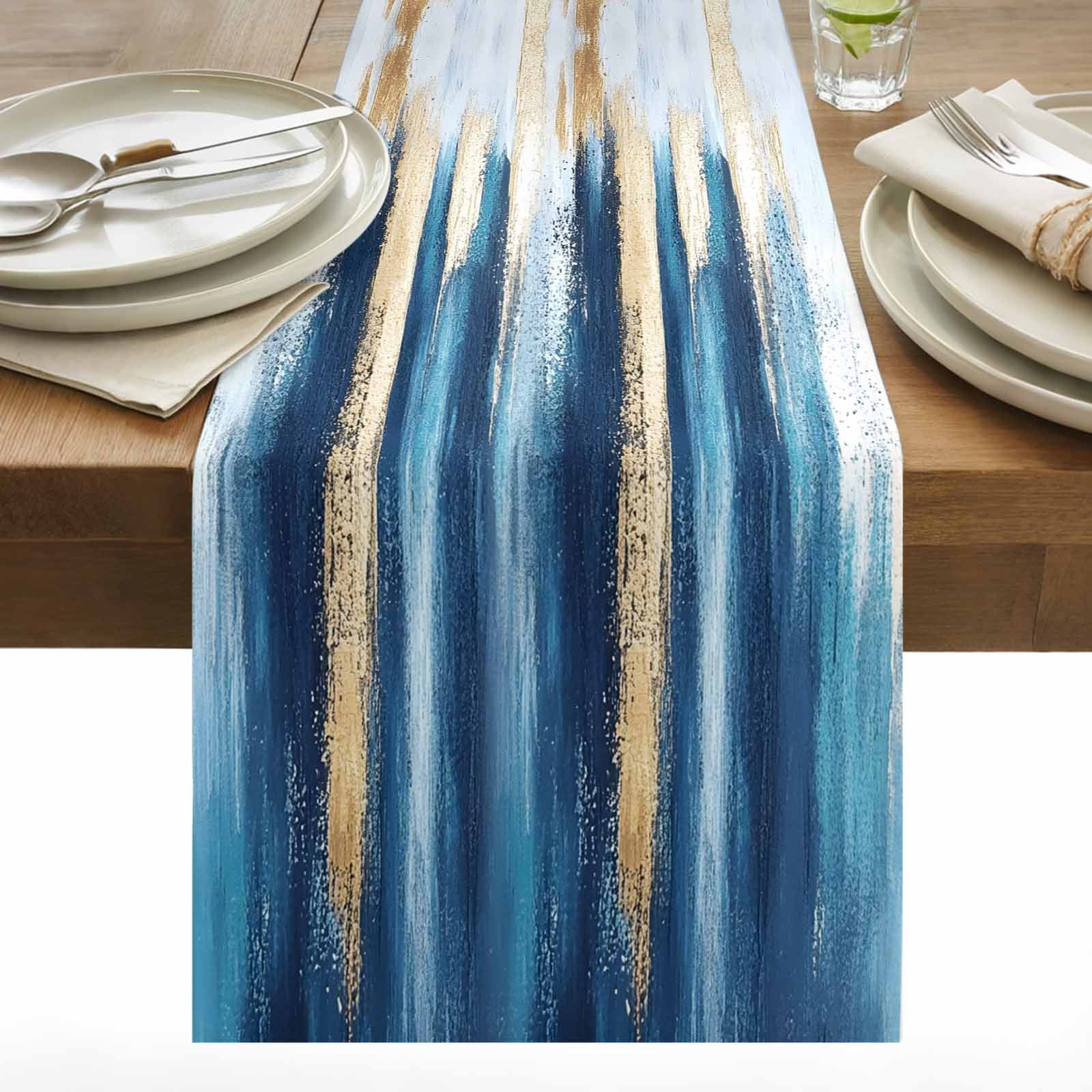 Abstract Paint Texture Table Runner 13x48 inch Blue Gold Art Deco ...