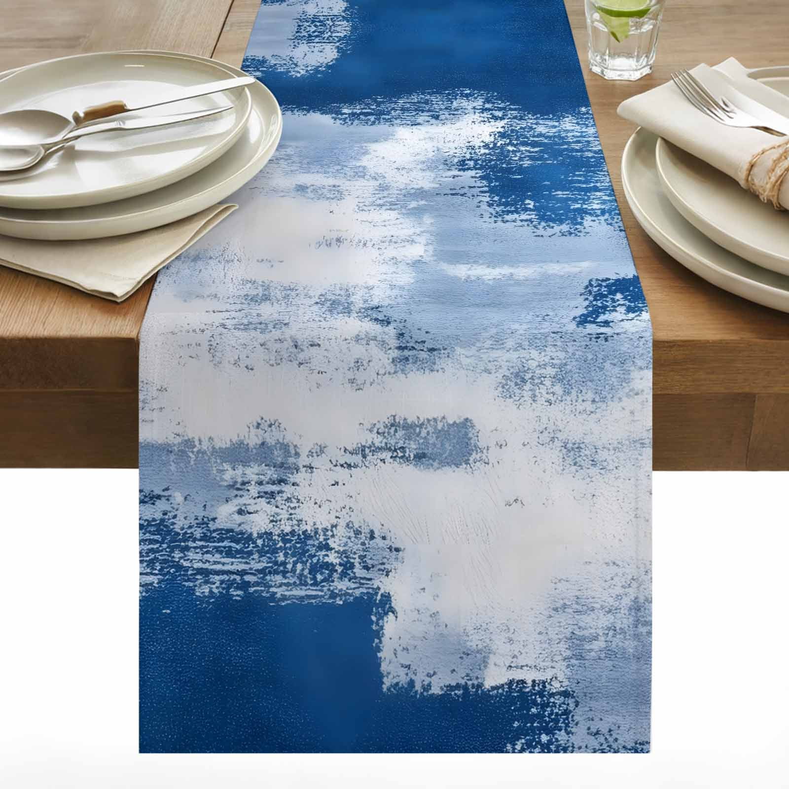 Abstract Paint Texture Table Runner 13x90 inch Gray White Blue ...