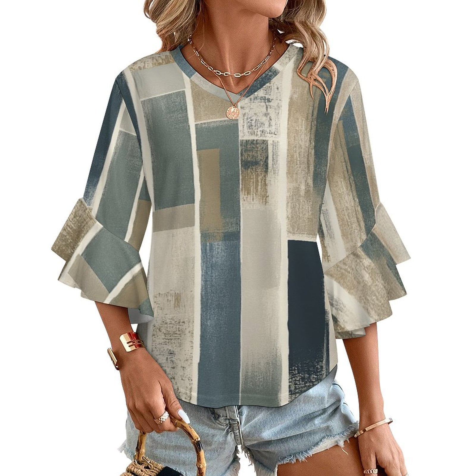 Abstract Painted Block Pattern Women's V-Neck Blouse With 3/4 Ruffled ...