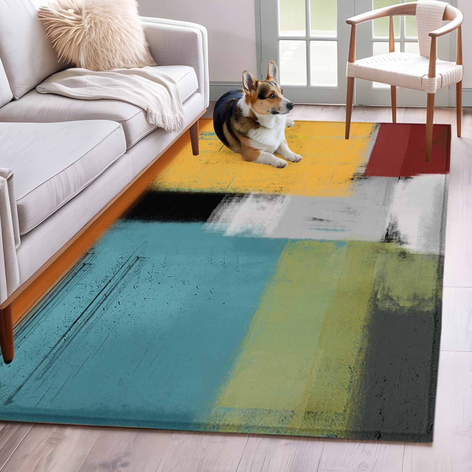 Abstract Painting Area Rugs 3x5 ft Art Style Orange Blue Yellow Grey ...