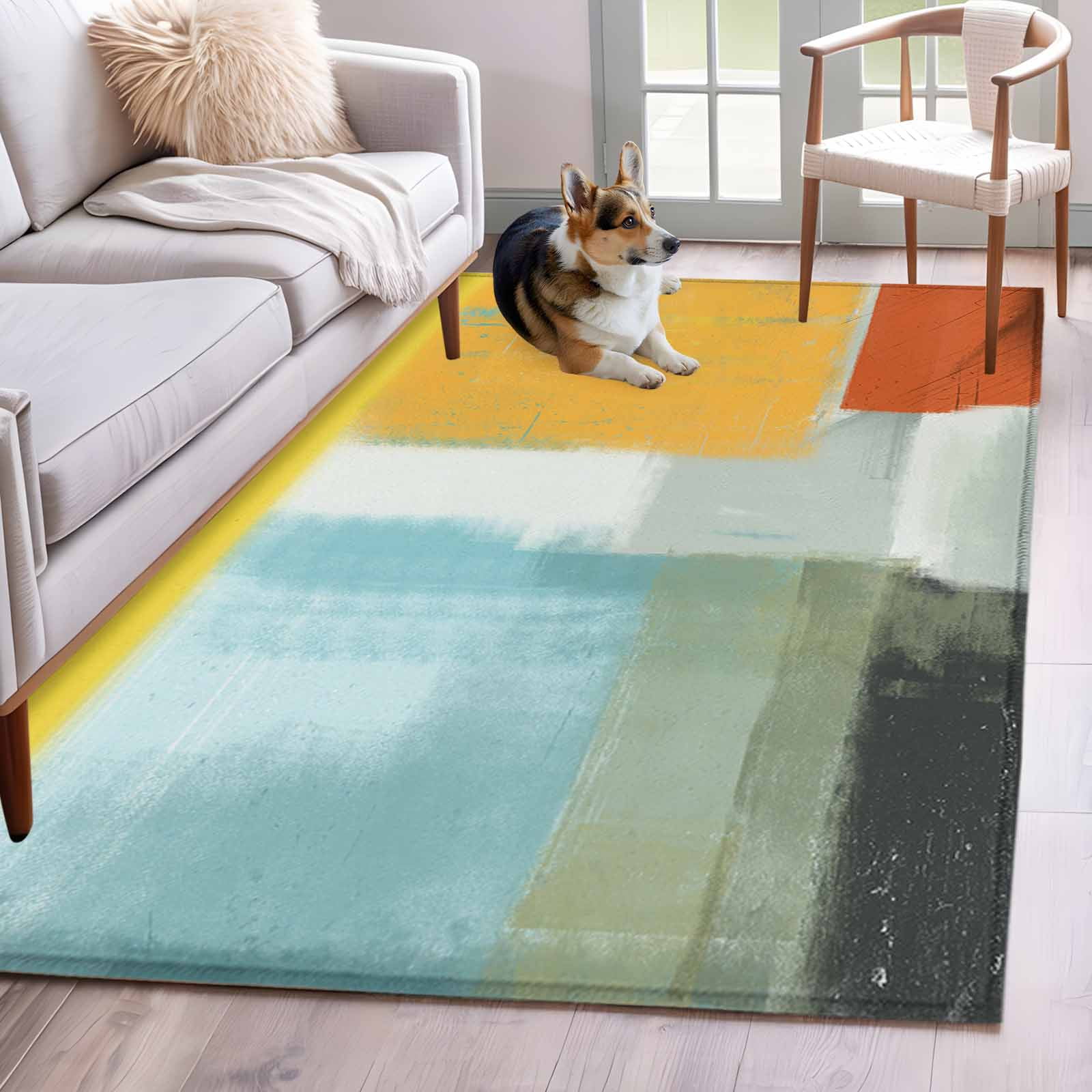 Abstract Painting Area Rugs 4x6 ft Art Style Orange Blue Yellow Grey ...