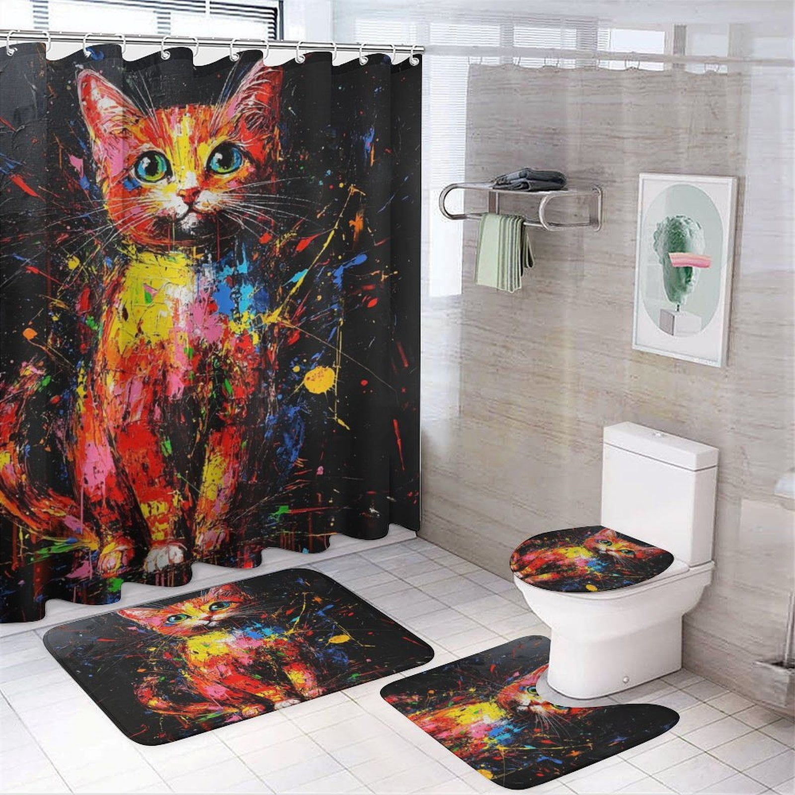 Abstract Painting of A Cute Cat 4 Piece Shower Curtain Sets Bath Mat U ...