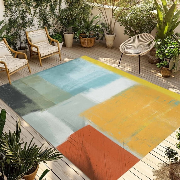 Abstract Painting Outdoor Rug, Art Style Orange Blue Yellow Grey Red ...