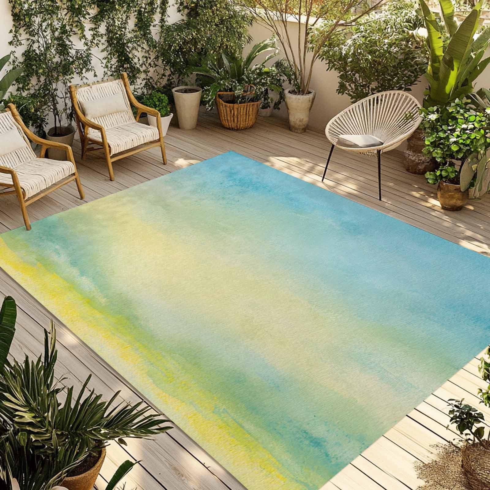 Abstract Painting Outdoor Rug, Green Yellow Watercolor Non-Slip Area ...