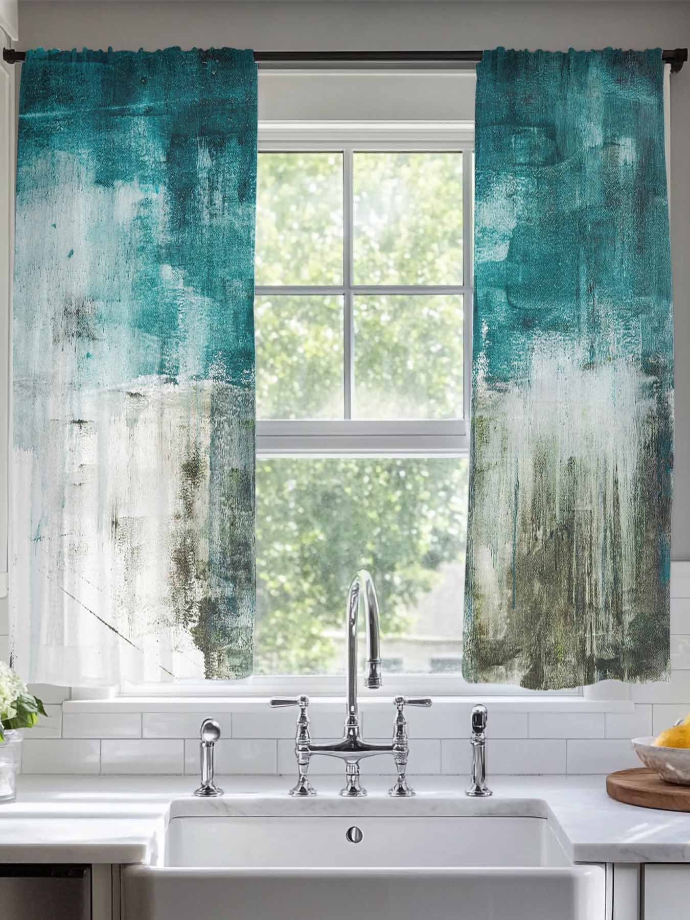 Abstract Painting Style Turquoise Sheer Curtains 63 Inches Long 2 ...