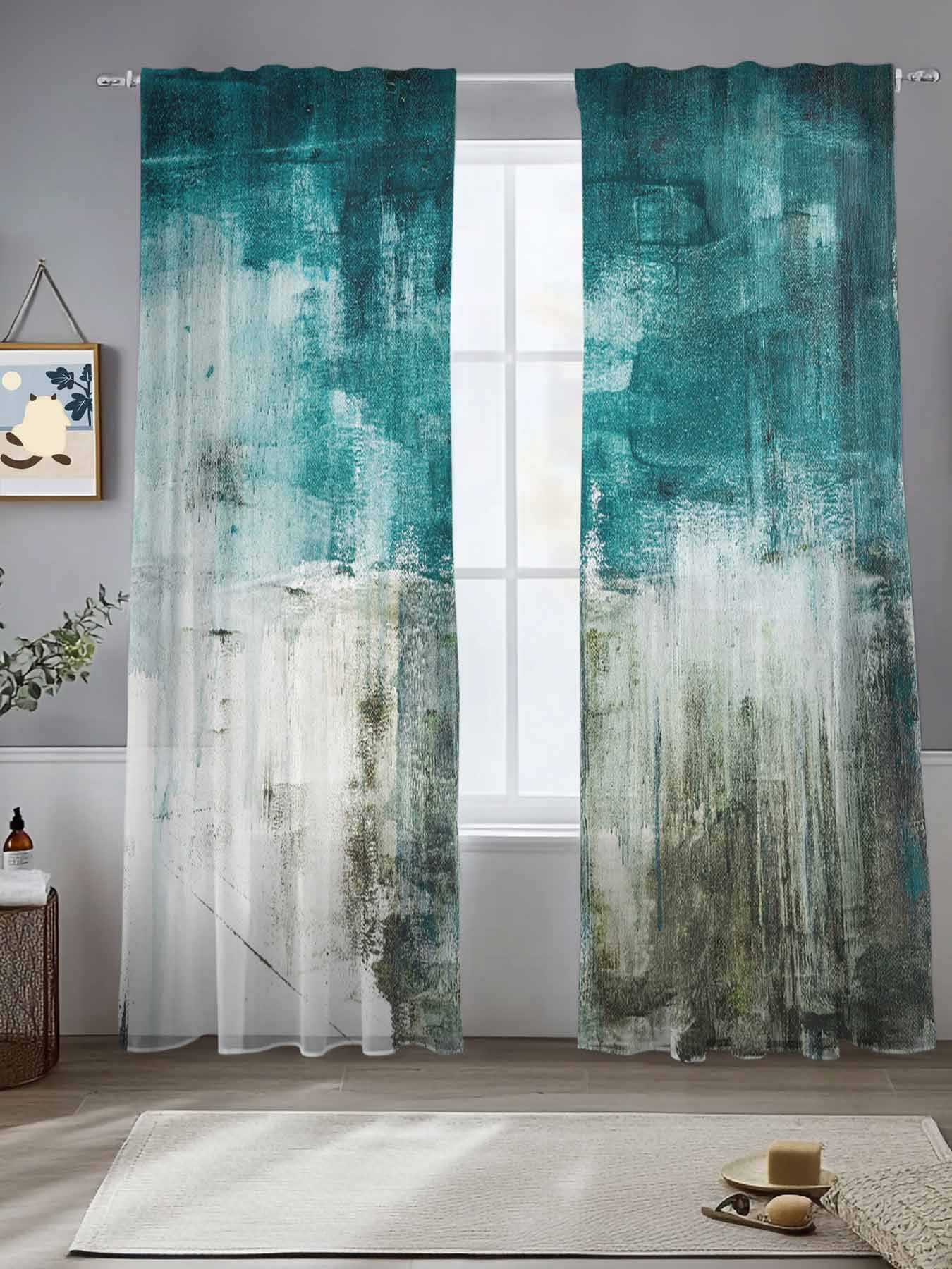 Abstract Painting Style Turquoise Sheer Curtains 96 Inches Long 2 ...