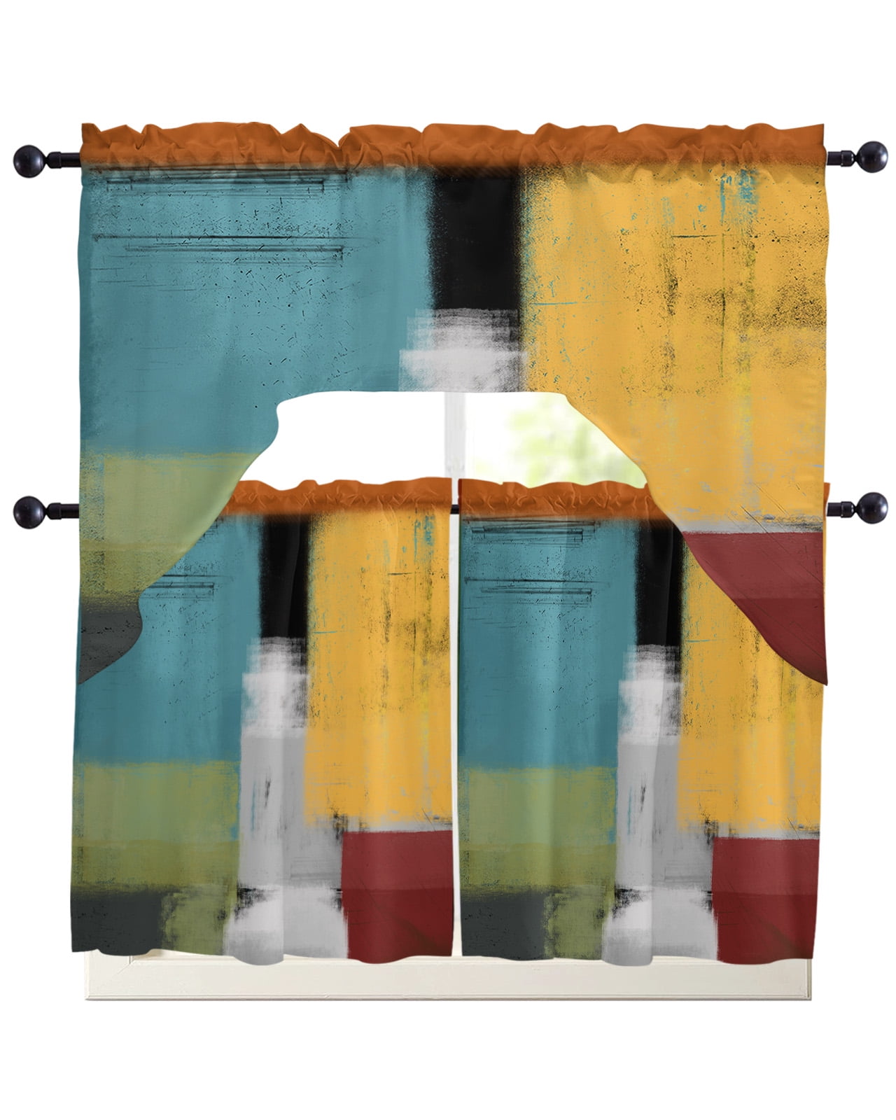 Abstract Painting Swag Valance and Tier Curtains Set Art Style Orange ...