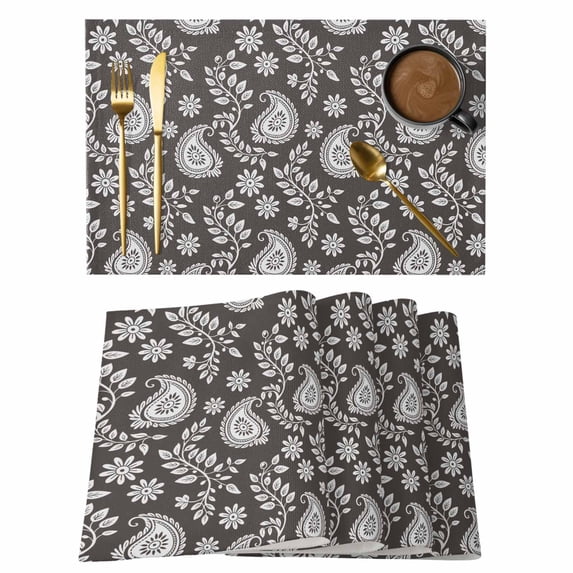 Abstract Paisley Cotton Linen Placemats Set of 12, Floral Leaves Brown ...