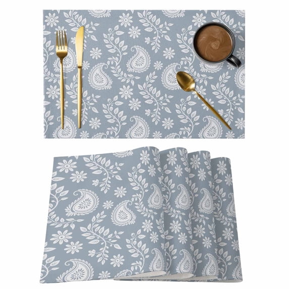 Abstract Paisley Cotton Linen Placemats Set of 6, Floral Leaves Blue ...
