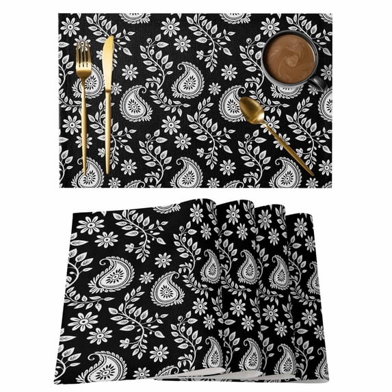 Abstract Paisley Cotton Linen Placemats Set of 8, Floral Leaves Black ...