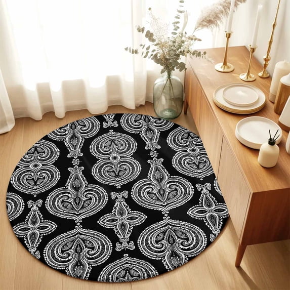 Abstract Paisley Flower Texture Round Rug 3ft Ethnic White Floral on ...