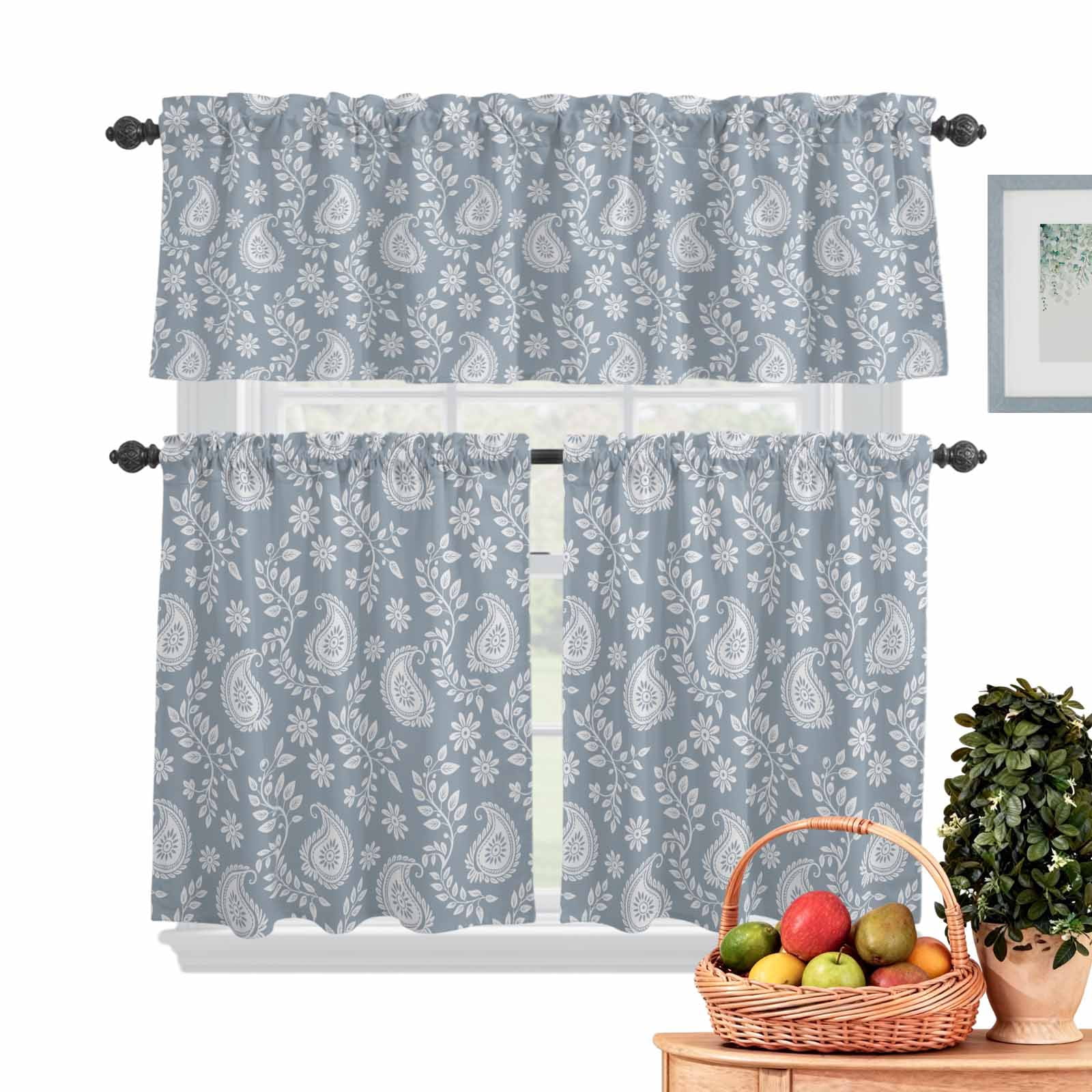 Abstract Paisley Kitchen Curtains Valances 3 Piece Set, Floral Leaves ...
