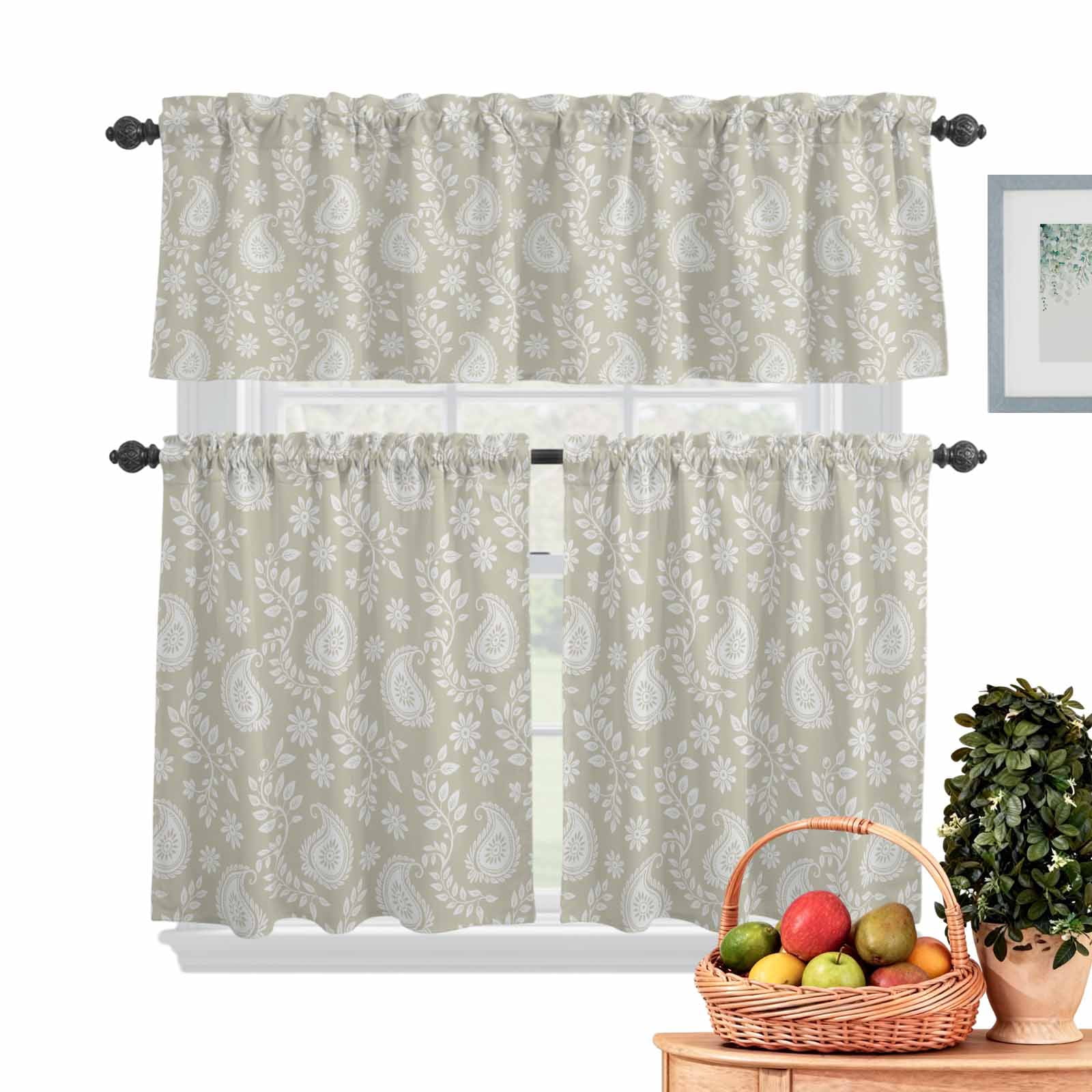 Abstract Paisley Kitchen Curtains Valances 3 Piece Set, Floral Leaves ...