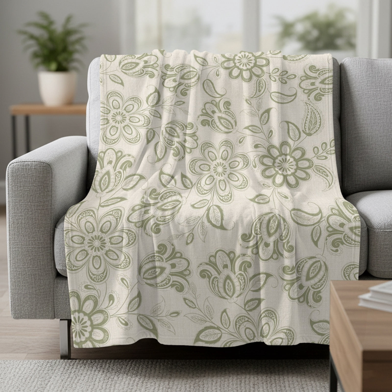 Abstract Paisley Pattern Fleece Throw Blanket Retro Ethnic Green Flower ...