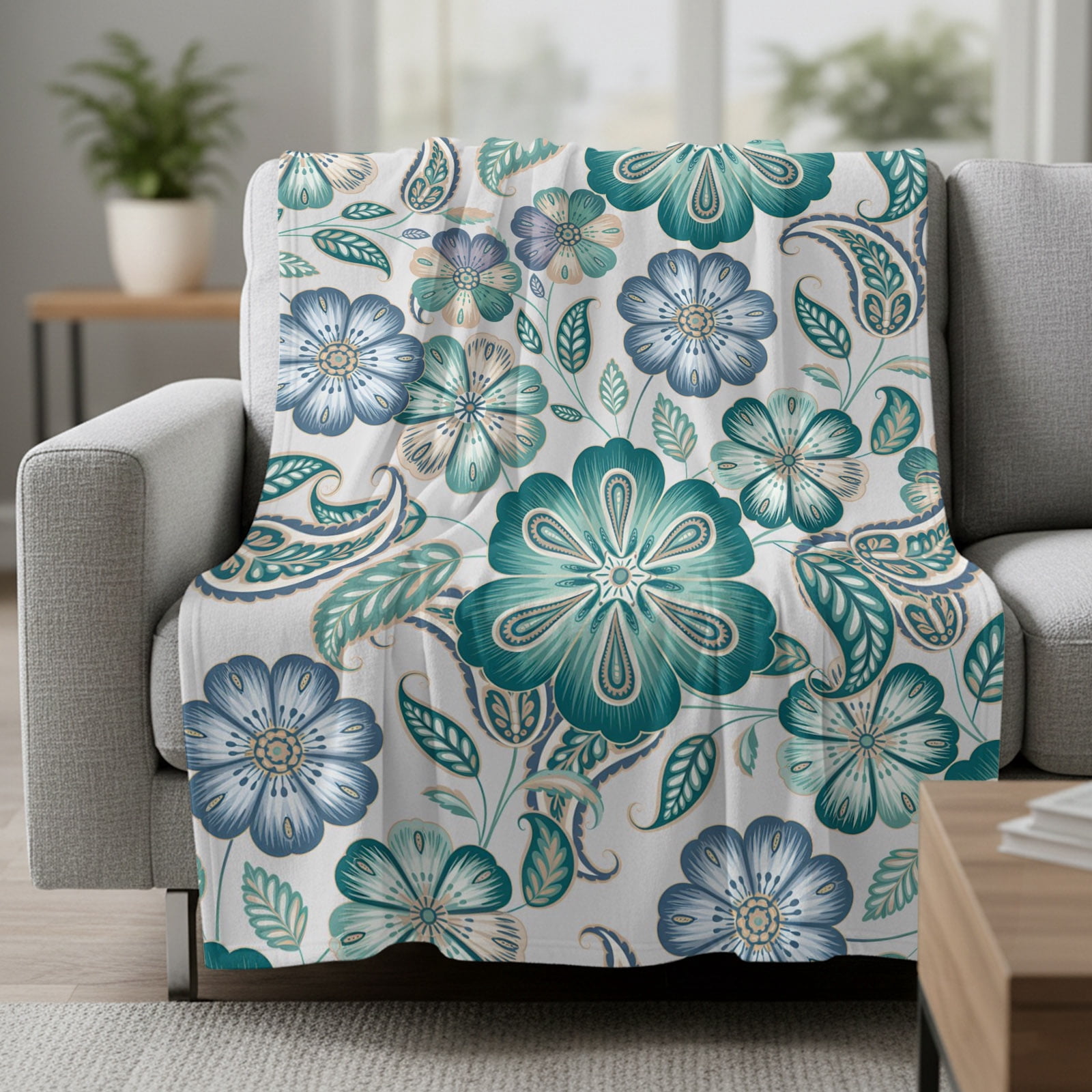 Abstract Paisley Pattern Fleece Throw Blanket Vintage Green Ethnic ...