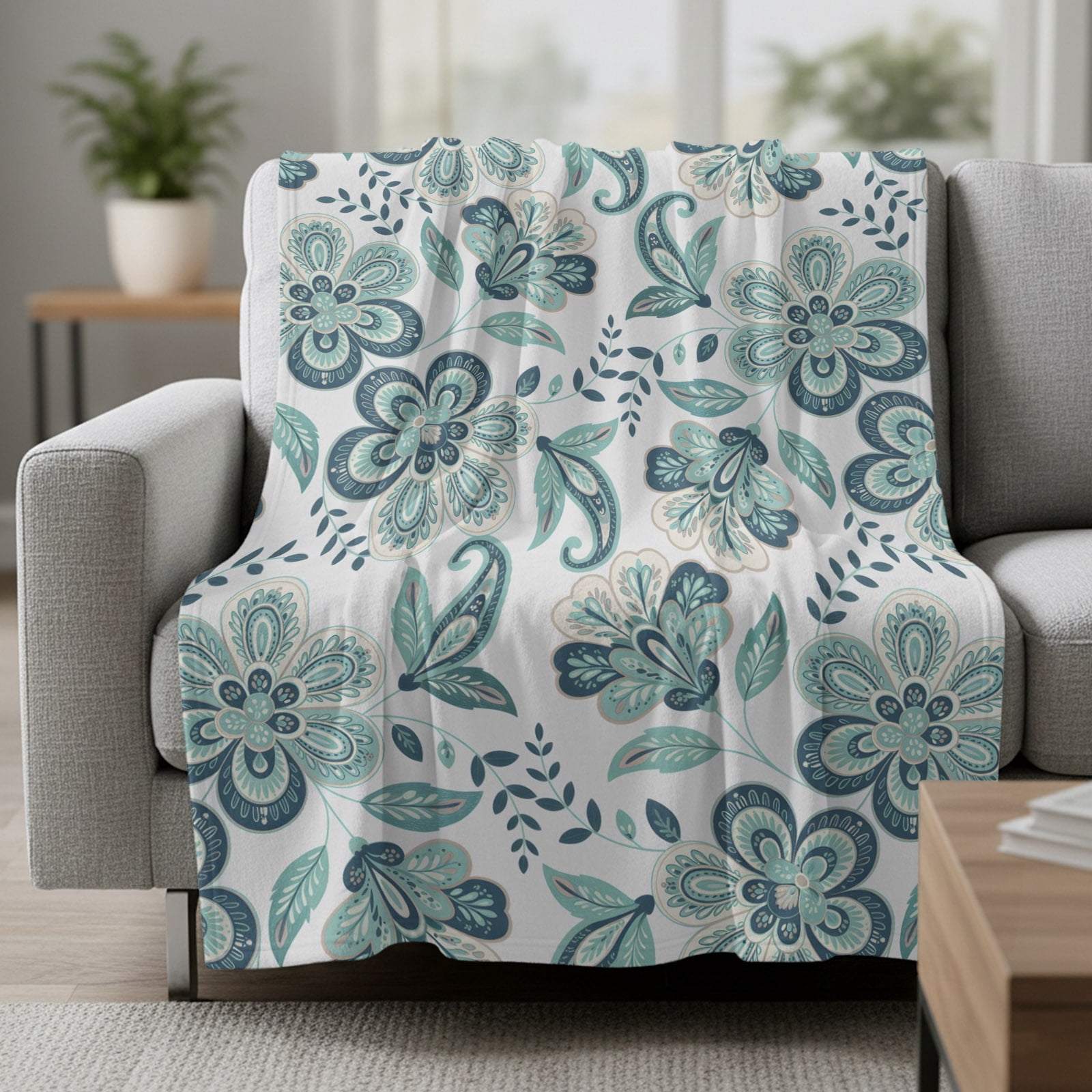 Abstract Paisley Pattern Fleece Throw Blanket Vintage Green Ethnic ...