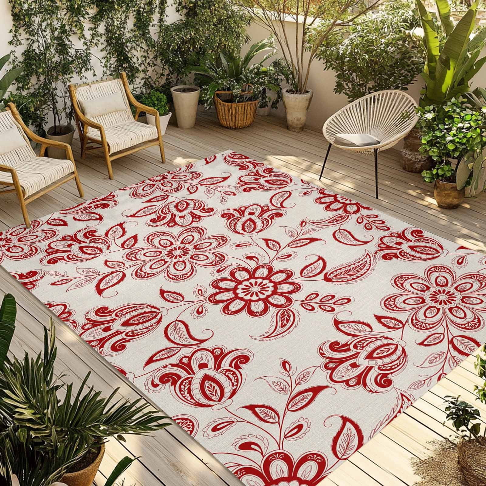 Abstract Paisley Pattern Outdoor Rug, Retro Ethnic Red Flower Non-Slip ...