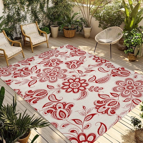 Abstract Paisley Pattern Outdoor Rug, Retro Ethnic Red Flower Non-Slip ...