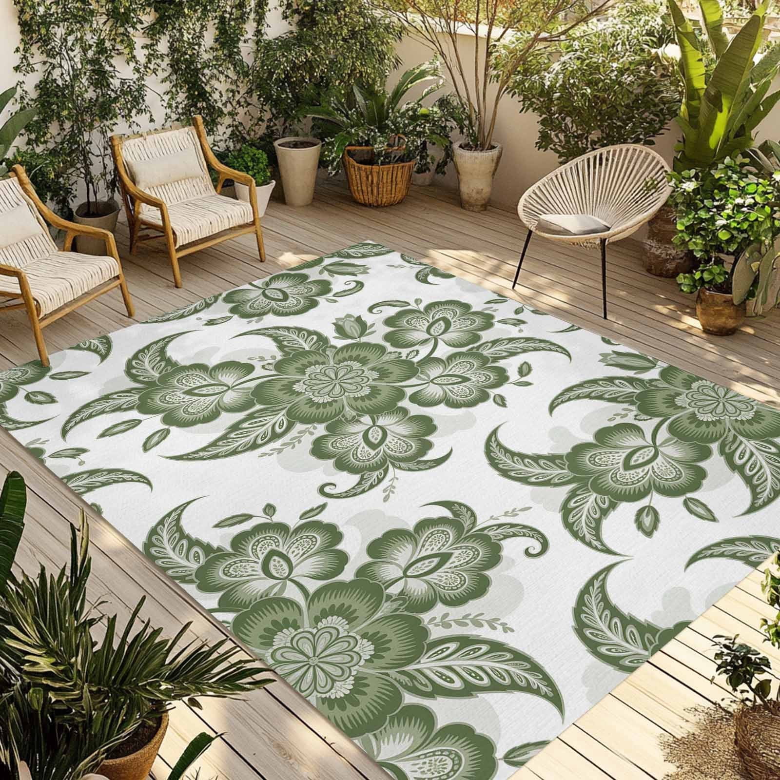 Abstract Paisley Pattern Outdoor Rug, Retro Green Ethnic Flowers Tribal ...