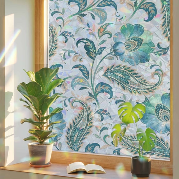 Abstract Paisley Pattern Window Privacy Film, Retro Green Ethnic Flower ...