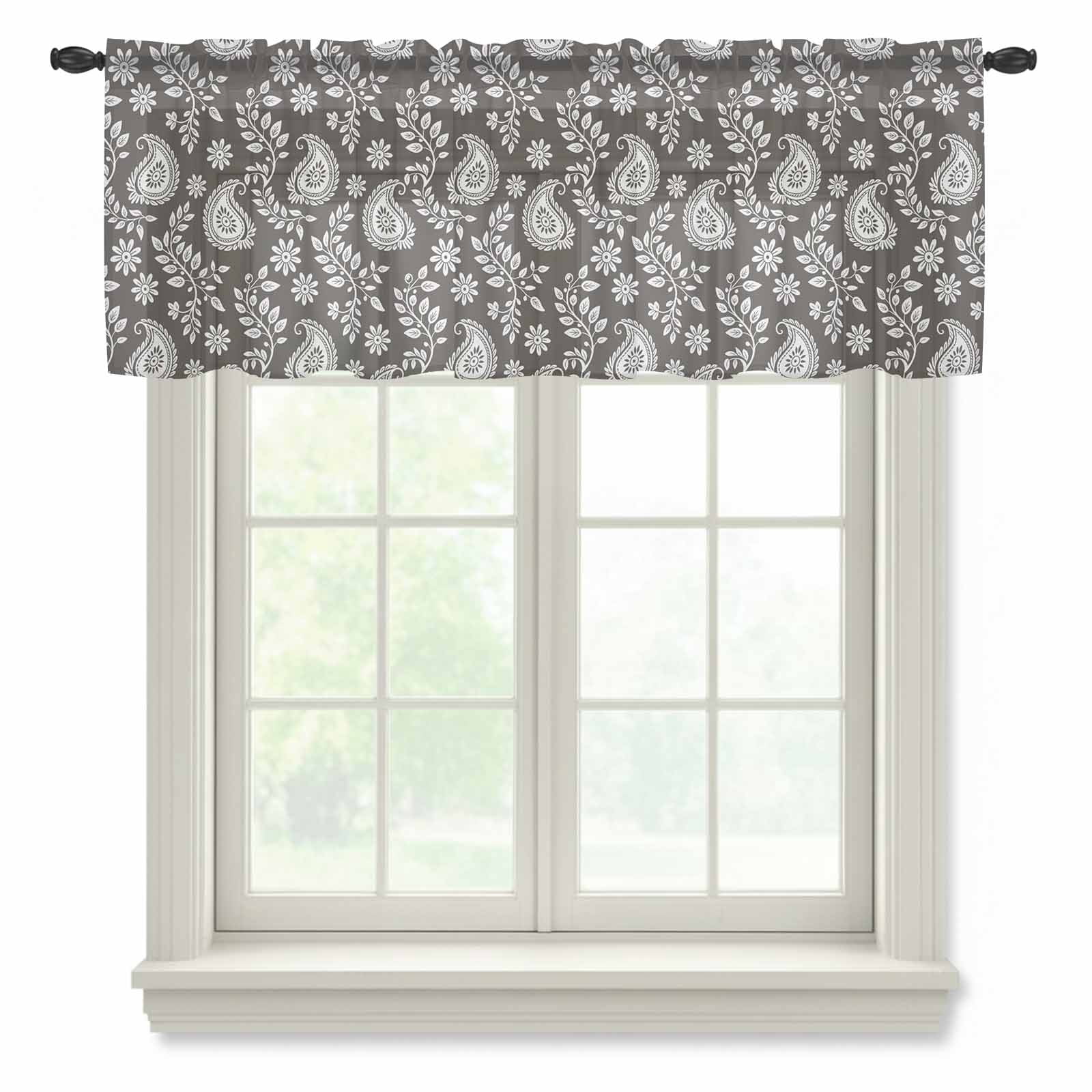Abstract Paisley Sheer Valances for Windows, Floral Leaves Brown ...