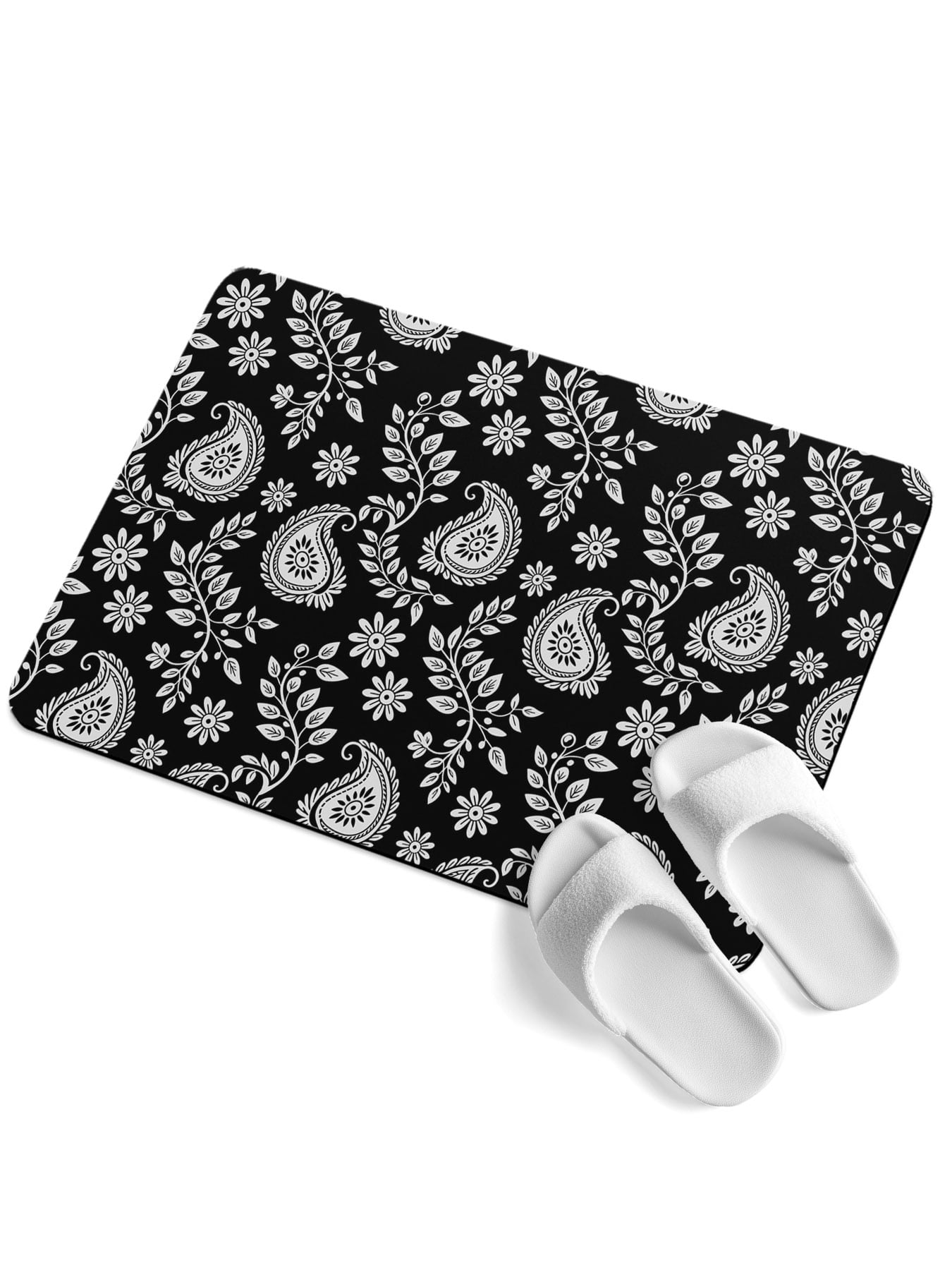 Abstract Paisley Soft Diatomaceous Earth Mat, Floral Leaves Black ...