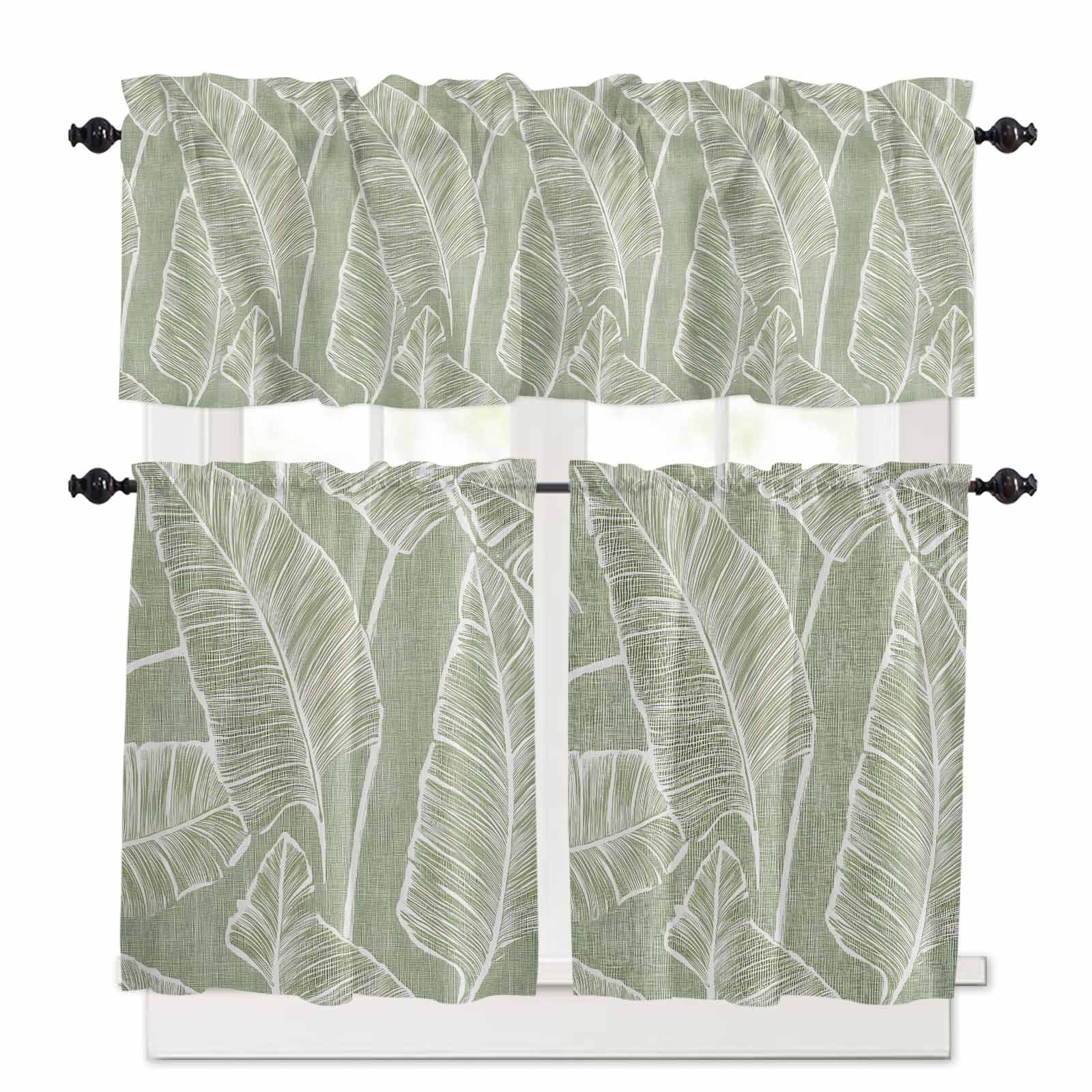 Abstract Palm Leaf Kitchen Curtains Valance and Tier Set Green Tropical ...