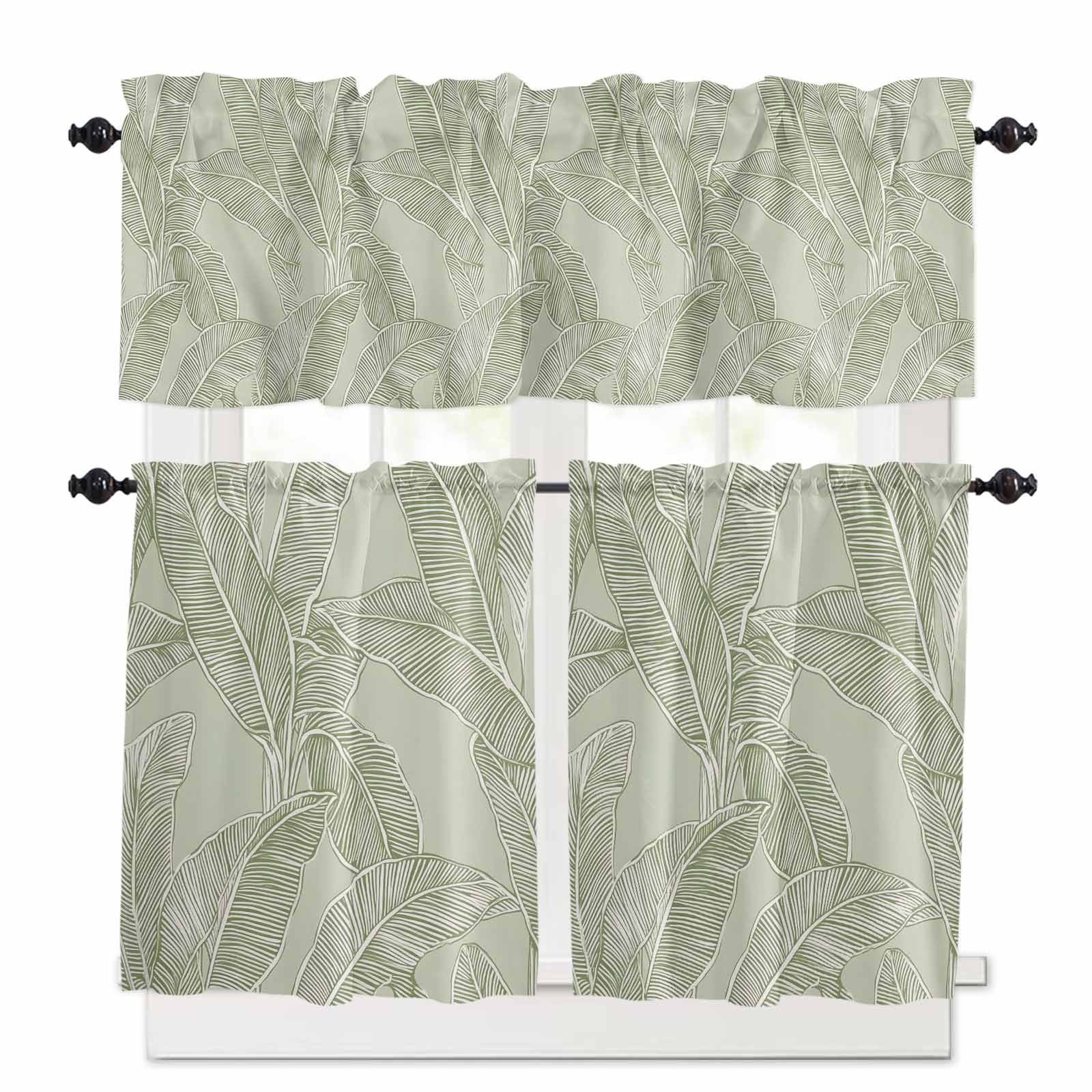 Abstract Palm Leaves Kitchen Curtains Valance and Tier Set Green ...