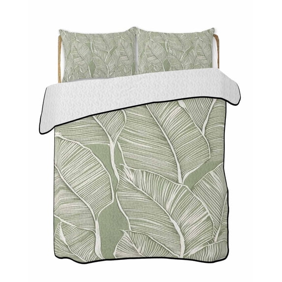 Abstract Palm Leaves Quilts Bedding Set King Size Green Tropical Plant ...
