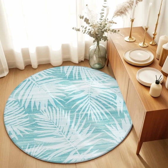 Abstract Palm Leaves Silhouette Round Rug 3ft Summer Plant Teal Stripe ...