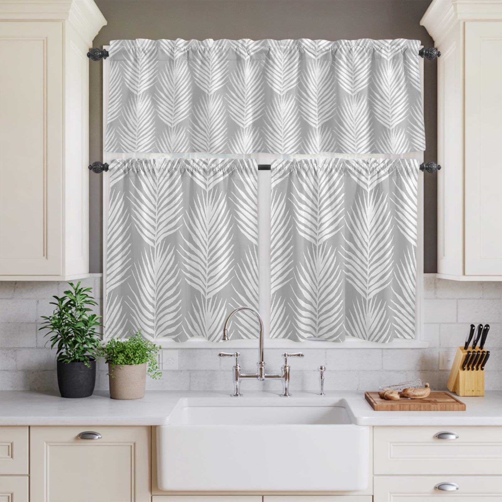 Abstract Palm Leaves Texture Curtain Tier and Valance Set 3 Piece,White ...
