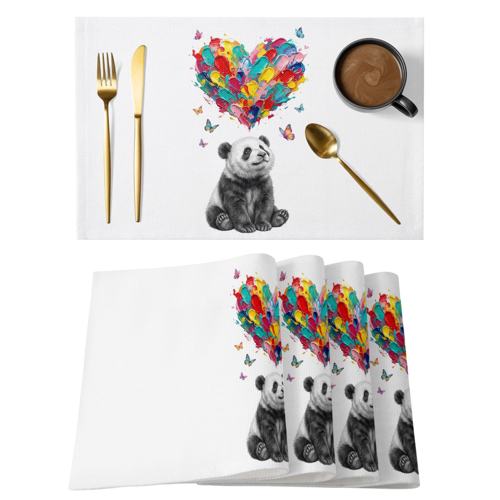 Abstract Panda Cotton Linen Placemats Set of 12, Colored Heart Paint ...