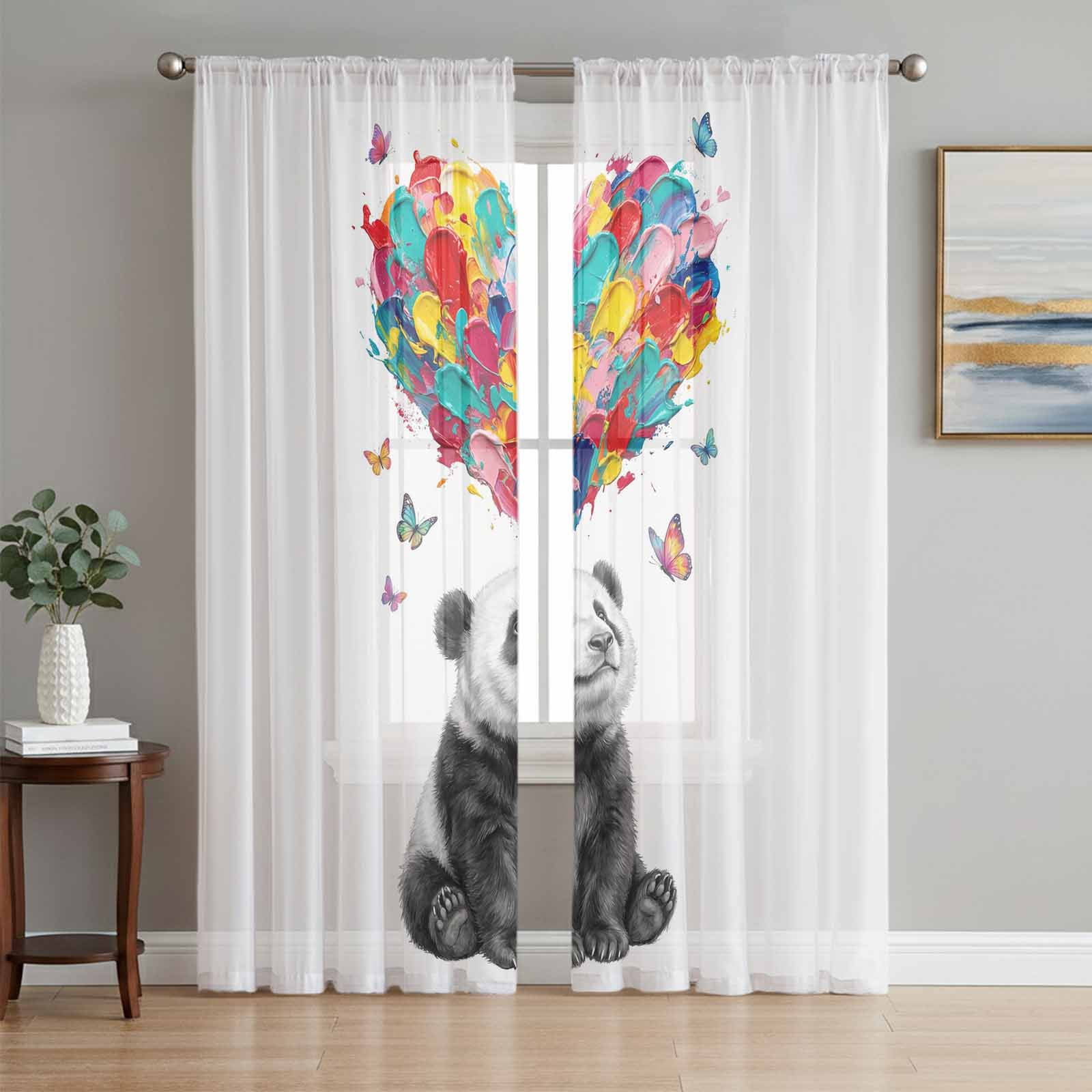 Abstract Panda Sheer Curtains for Living Room Bedroom, Colored Heart ...