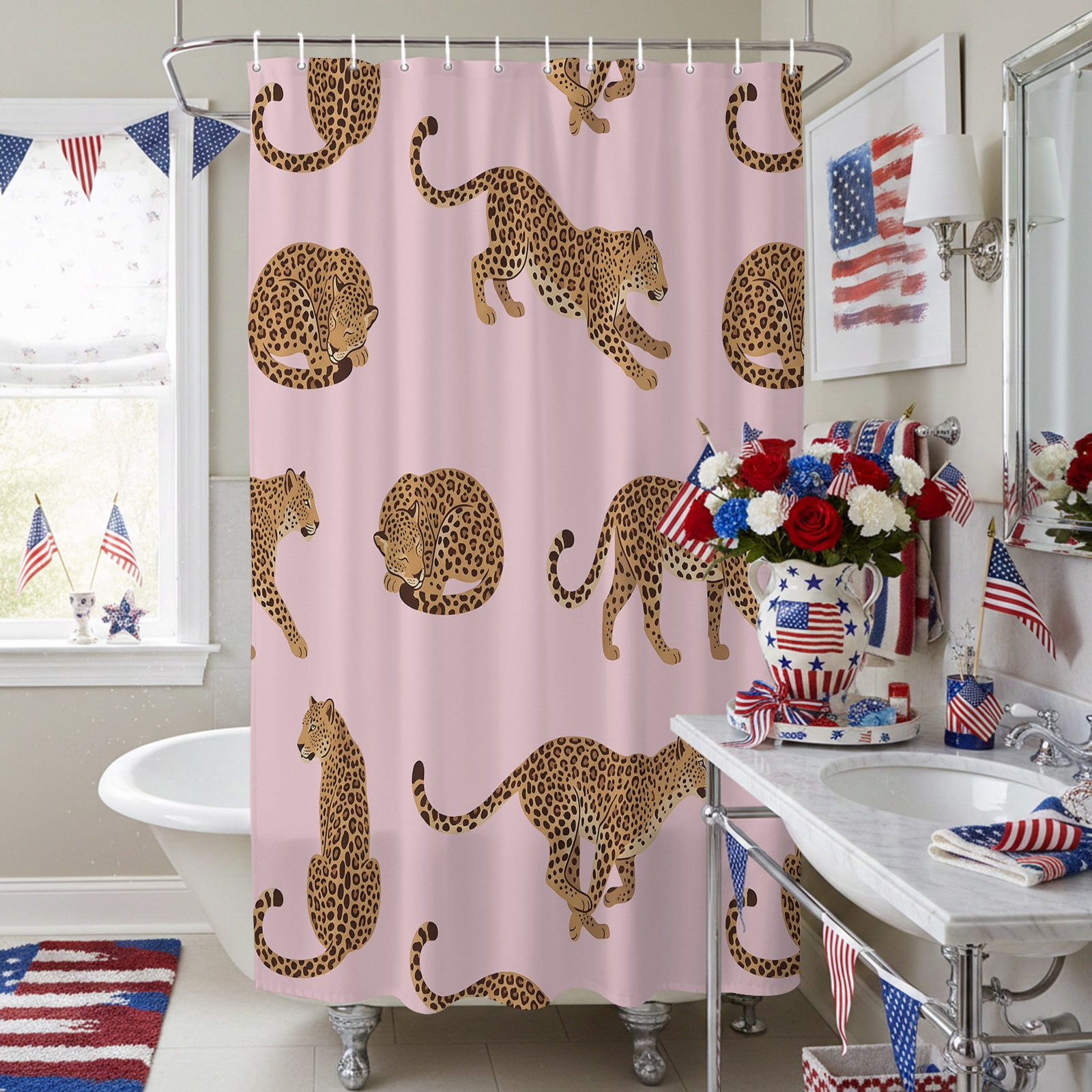 Abstract Panthers on Pink Shower Curtain for Bathroom, Summer Tropical ...