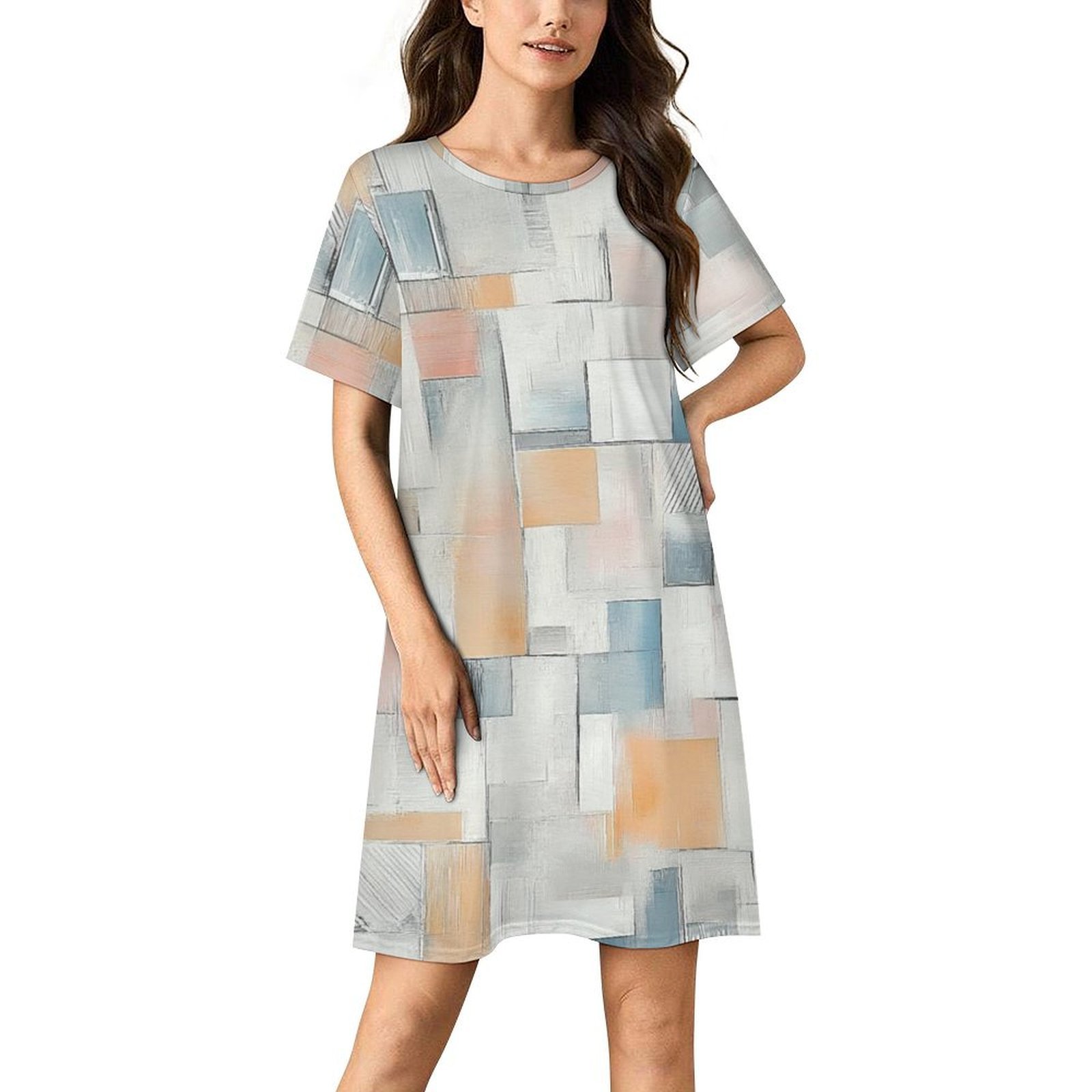 Abstract Pastel Geometric Art Women Nightgown Sleepwear Short Sleeves ...