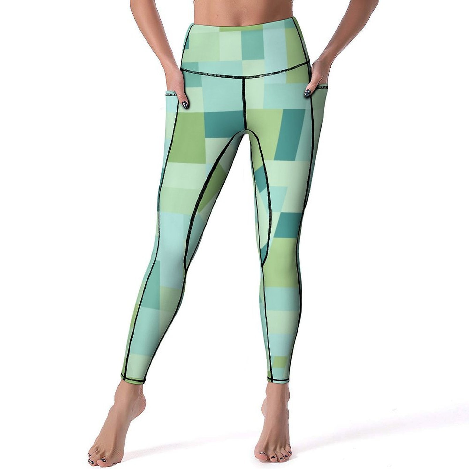 Abstract Pastel Green Square Pattern Pants Leggings for Fitness Fitness ...