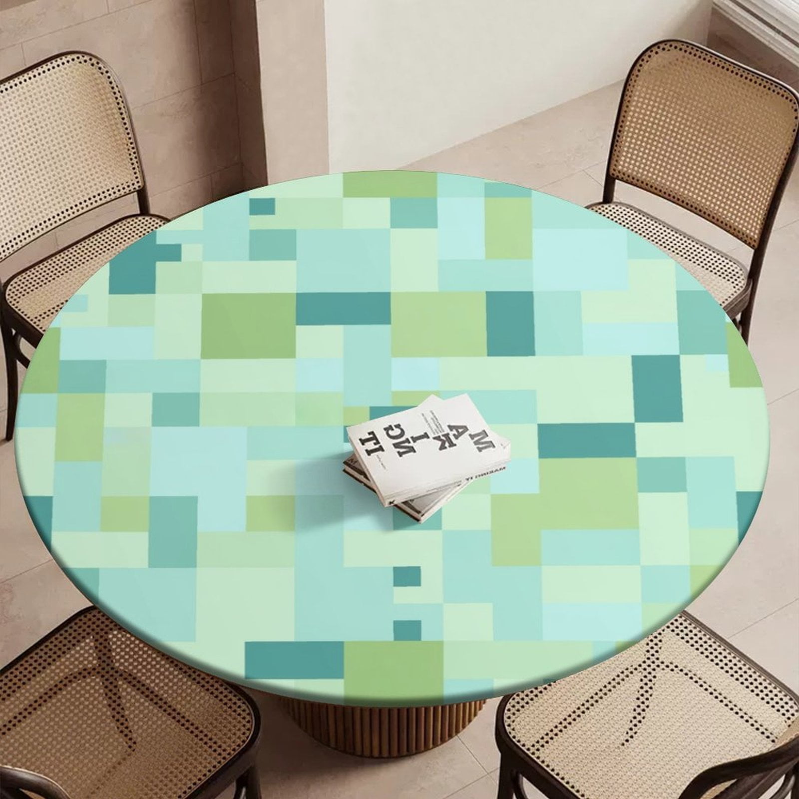 Abstract Pastel Green Square Pattern Round Table Cover Kitchen Printed ...