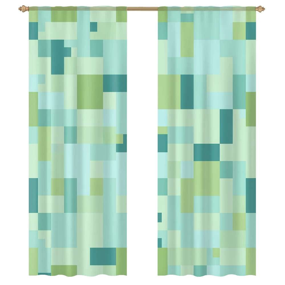 Abstract Pastel Green Square Pattern Sheer Voile Curtain Window Tulle ...