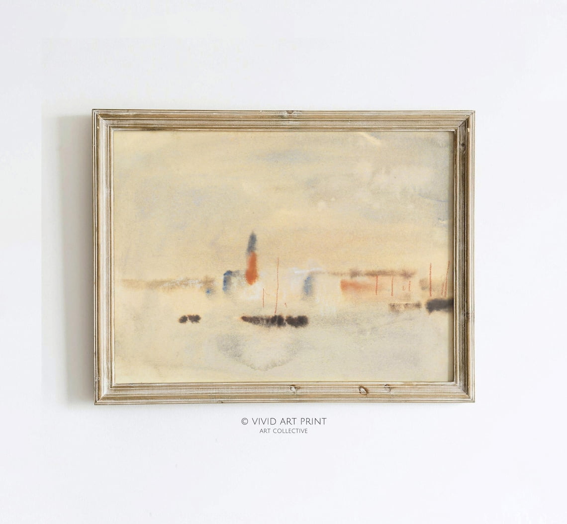 Abstract Pastel Harbor Wall Art Vintage Soft Coastal Landscape Nursery ...