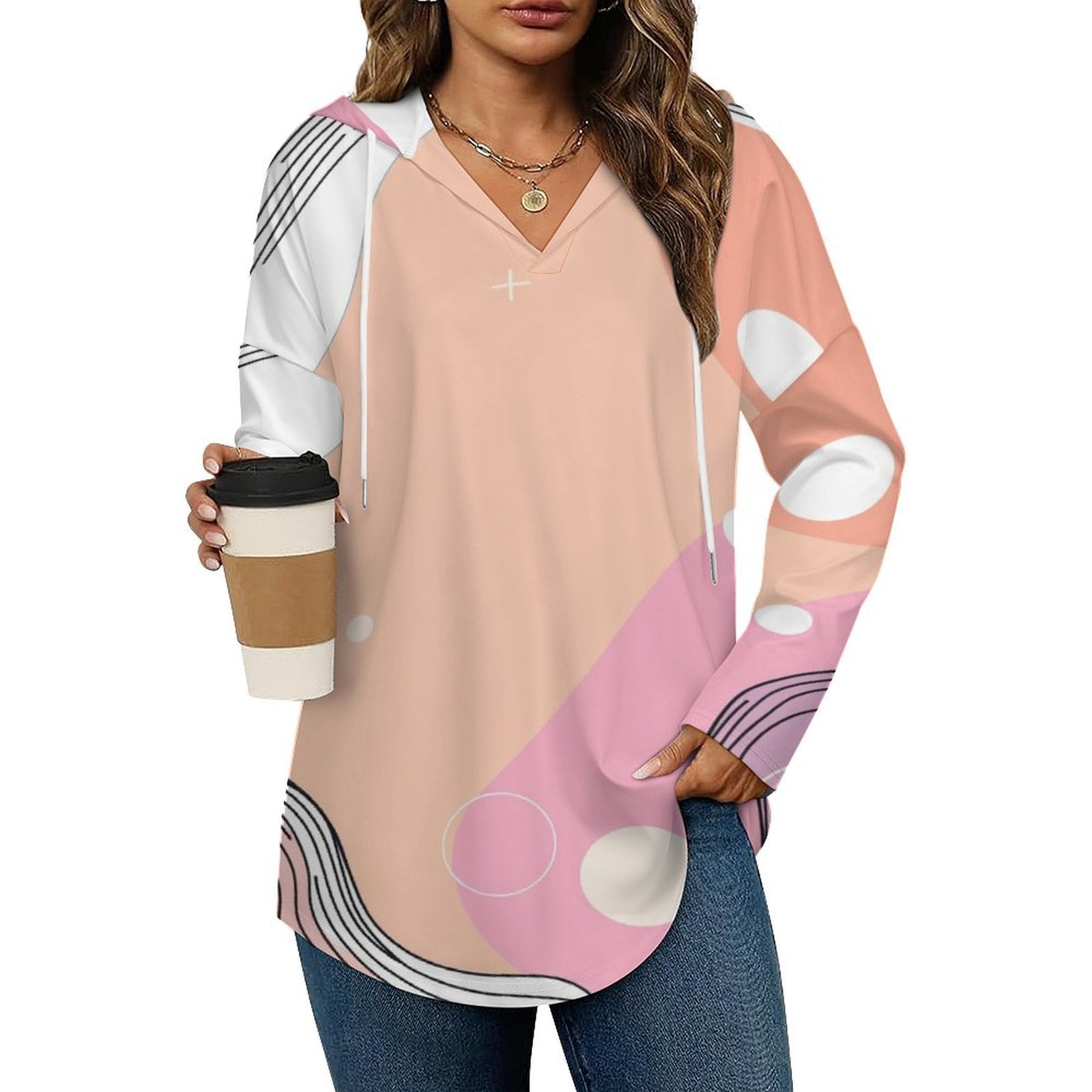 Abstract Pastel Shapes Women's V-neck Casual Sports Hooded Sweatshirt ...