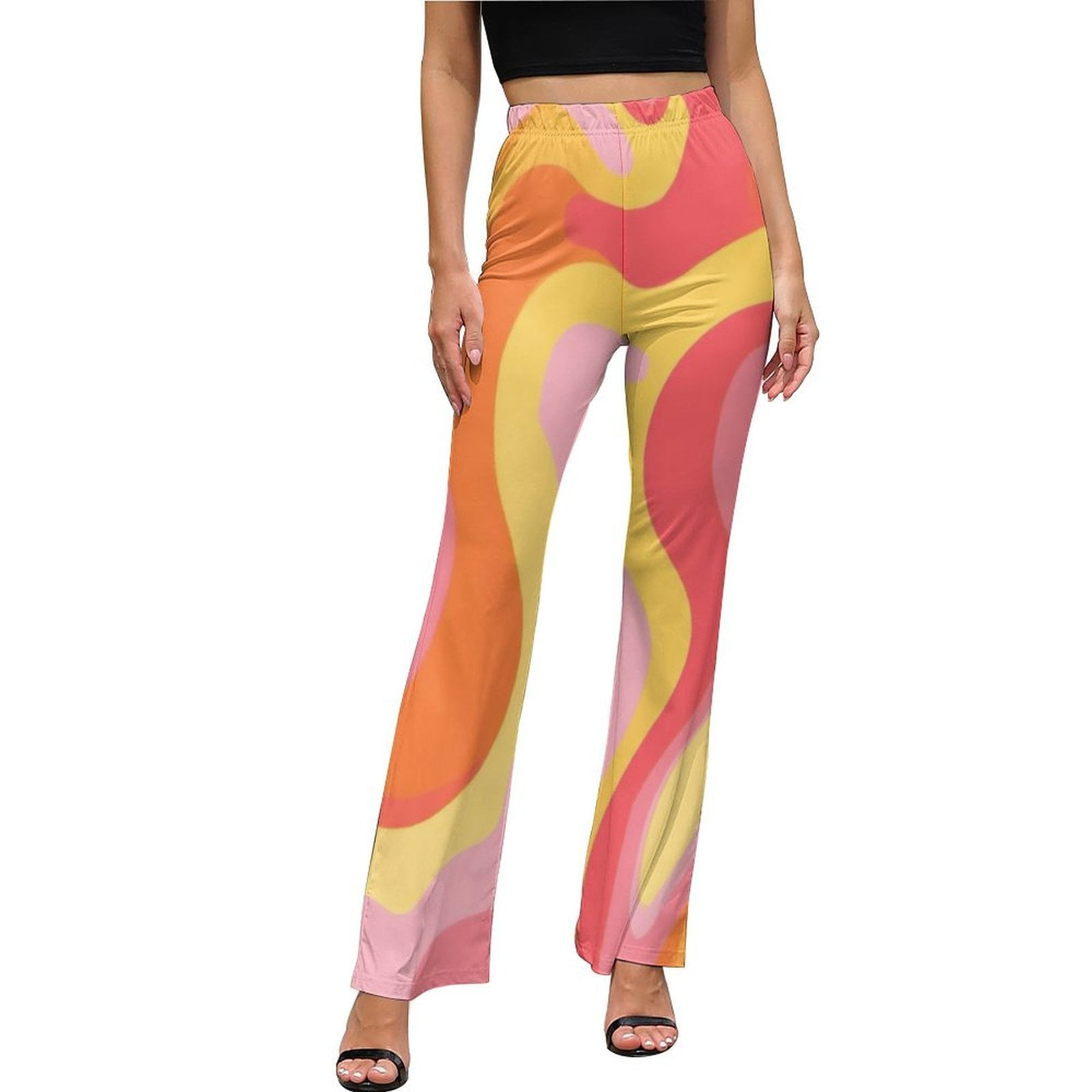Abstract Pastel Wavy Design High Waisted Casual Flared Trousers Summer ...