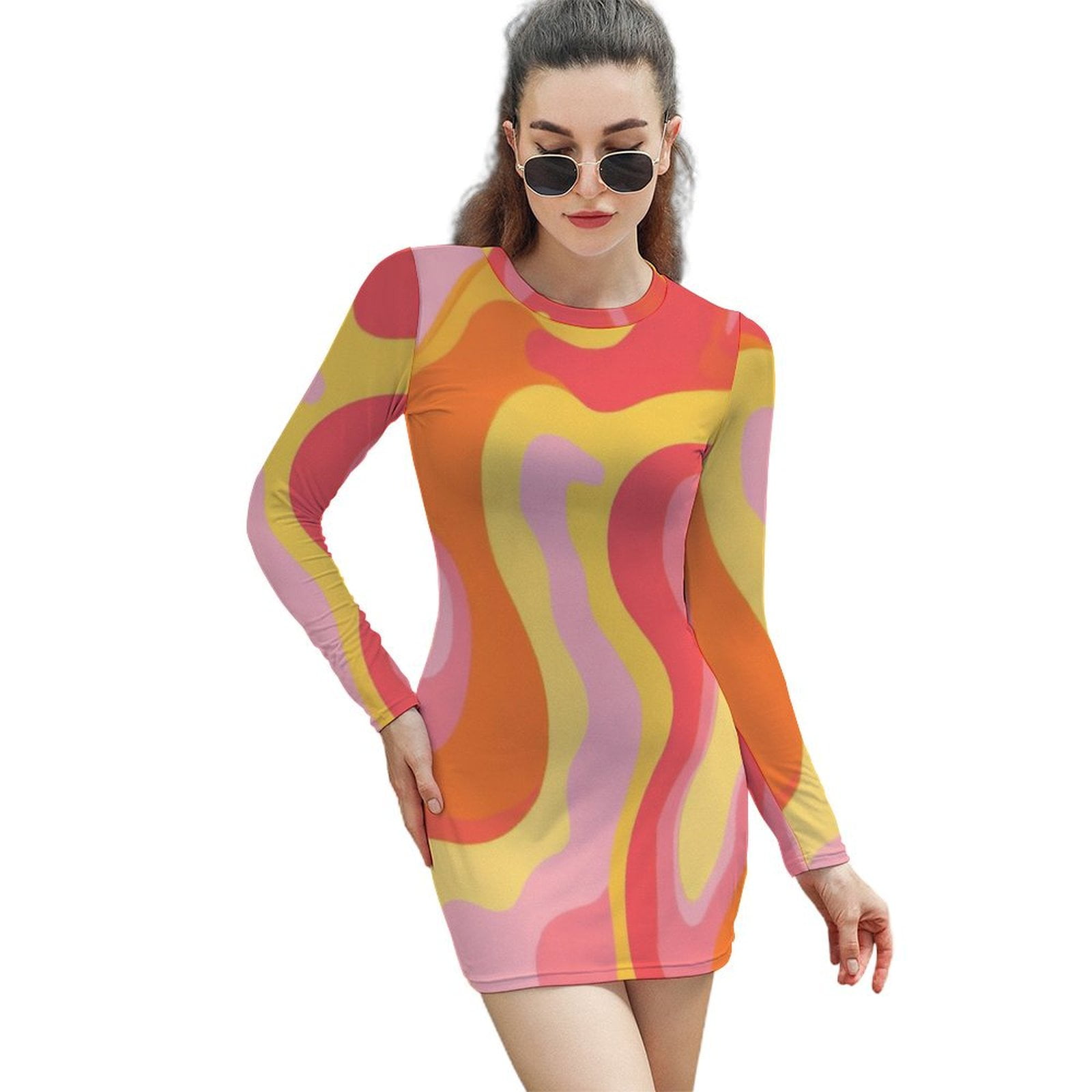 Abstract Pastel Wavy Design Women's Long Sleeve Bodycon Dress Soft ...