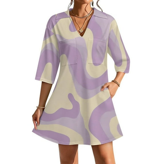 Abstract Pastel Wavy Design Womens Dress With Pockets Summer V Neck 3/4 ...
