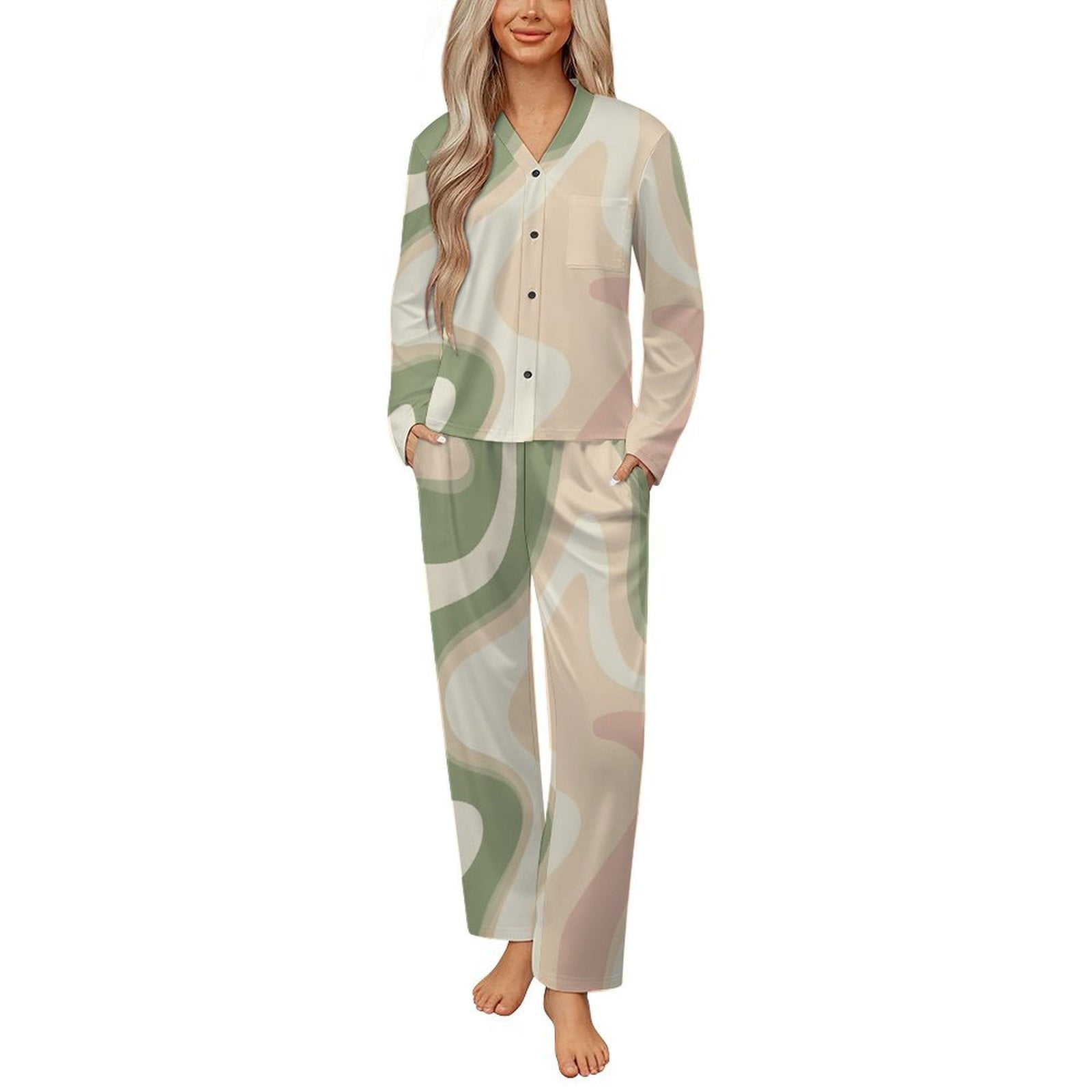 Abstract Pastel Wavy Design Womens Pyjamas Set Button Up Pyjamas Womens ...