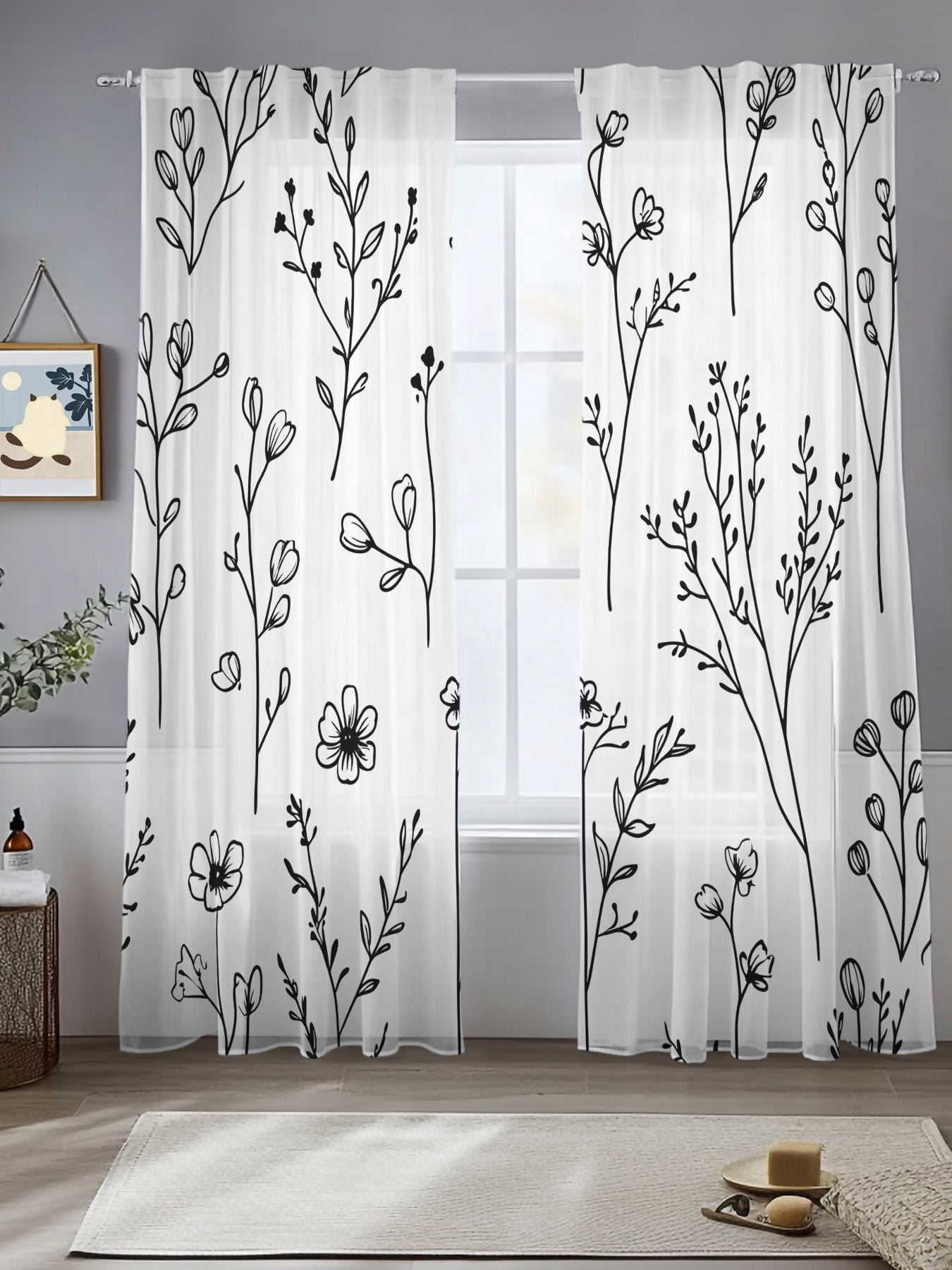 Abstract Pastoral Plant Flowers Chiffon Sheer Curtains 84 Inches Long ...