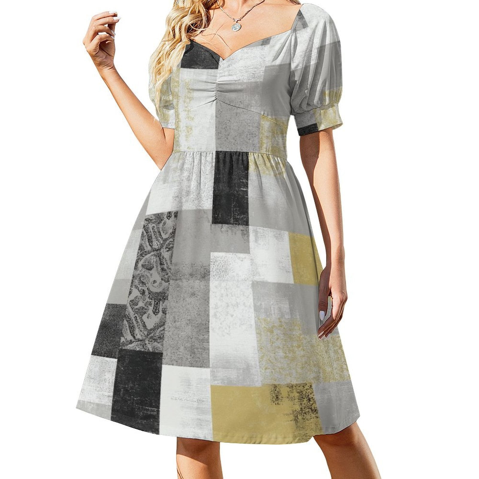 Abstract Patchwork Gray Rug Design Short Sleeve Dress Clothes Women's ...