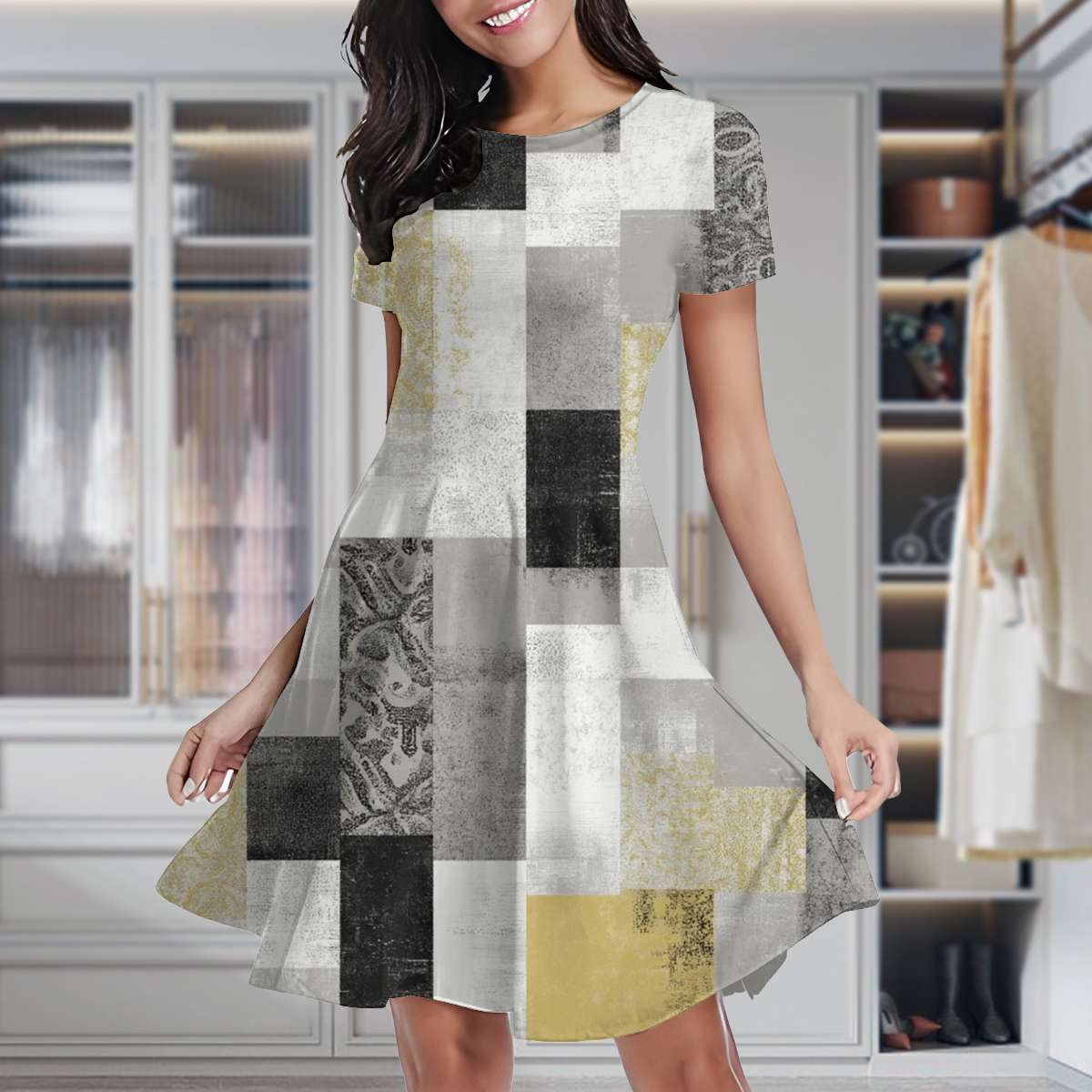 Abstract Patchwork Gray Rug Design Women's Classic Swing Skater Dress ...